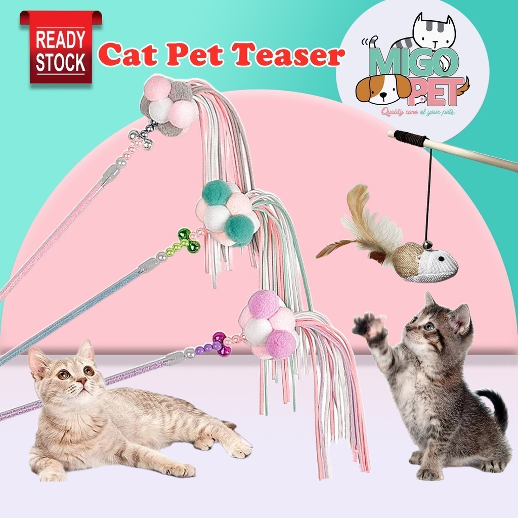 Cat Teaser Interactive Kitten Teaser Bell Feather Retractable Stick Rod ...