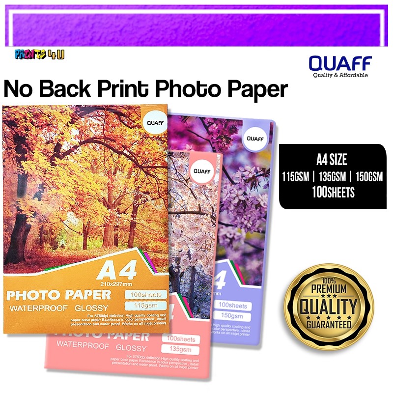 Quaff Glossy Paper A4 Size No Back Print Inkjet 100 Sheets Pack 115gsm ...