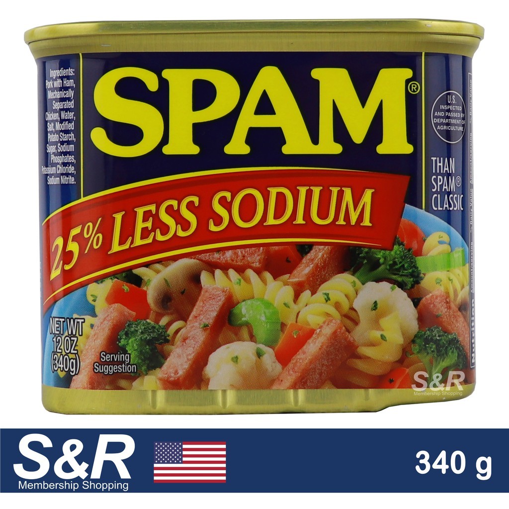 Spam,rM^Luncheon@HD]Meat>n)25%}B(Less|T(Sodium|l(340g | Shopee Philippines