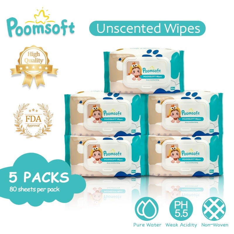 Poomsoft 5 Packs x 80 Sheet No-Alcohol Unscented Safe Baby Gentle Wipes ...