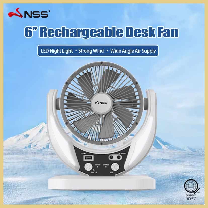 NSS 6 inch Electric Desk Table Fan Portable USB Rechargeable with Light ...