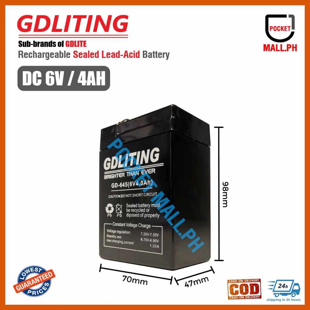 GDLITING DC 6V 4AH Rechargeable Sealed Lead-Acid Battery GD-645 COD ...