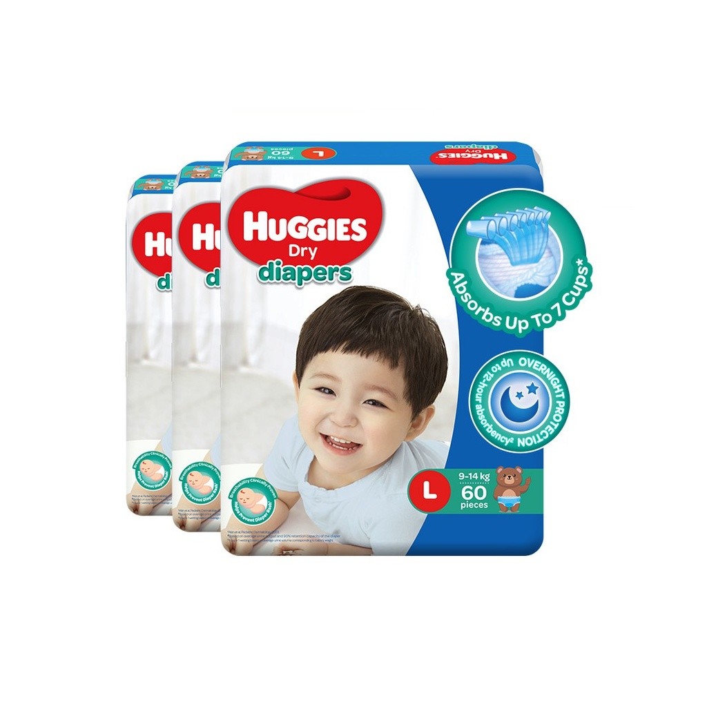 Huggies Dry Diapers Large - 60 pcs x 3 packs (180 pcs) | Shopee Philippines