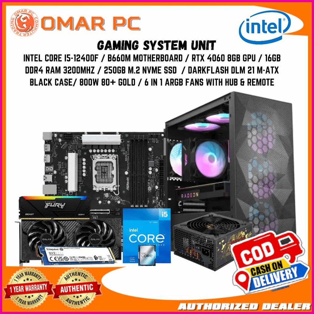 Gaming|A&System{No$Unit)w}Intel>G}I5-12400F/B660>C}MOBO/16GB>UA}RGB>Gm}DDR4>dw}RAM/250GB NVME M ...