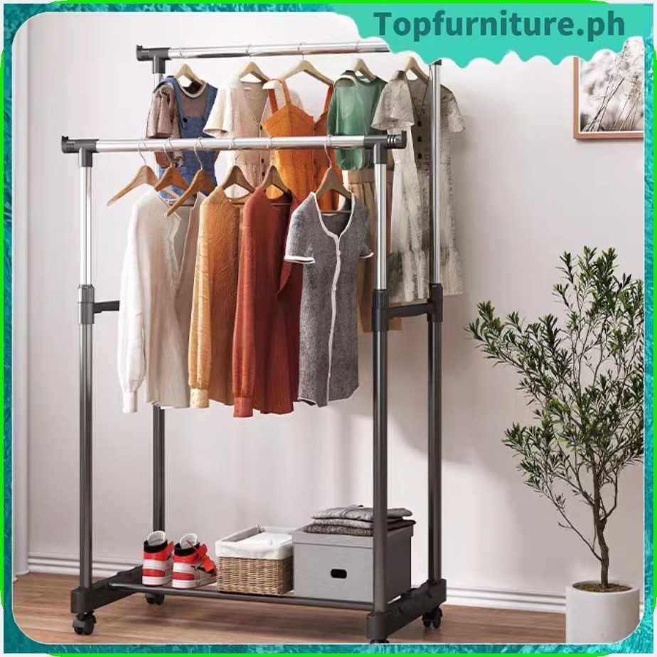 PHDouble Pole Adjustable Cloth Rack Stand Indoor Telescopic Clothes ...