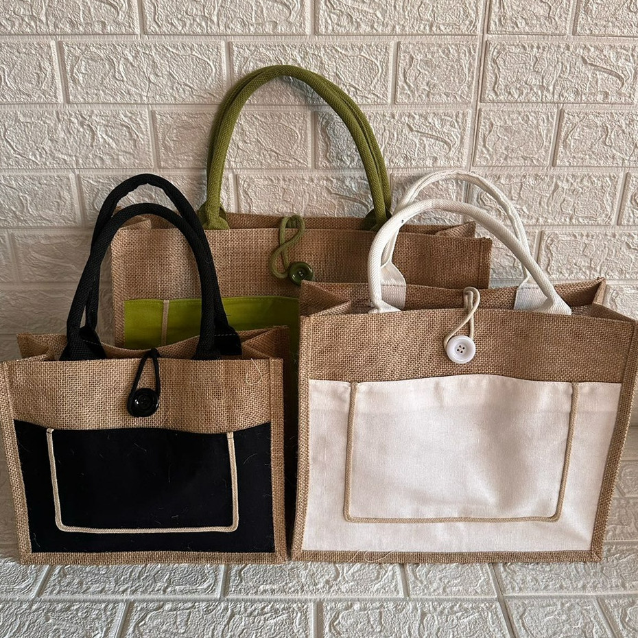 Abaca Tote Bag Jute Burlap Linen Hemp Handbag With Pocket Can Graffiti ...