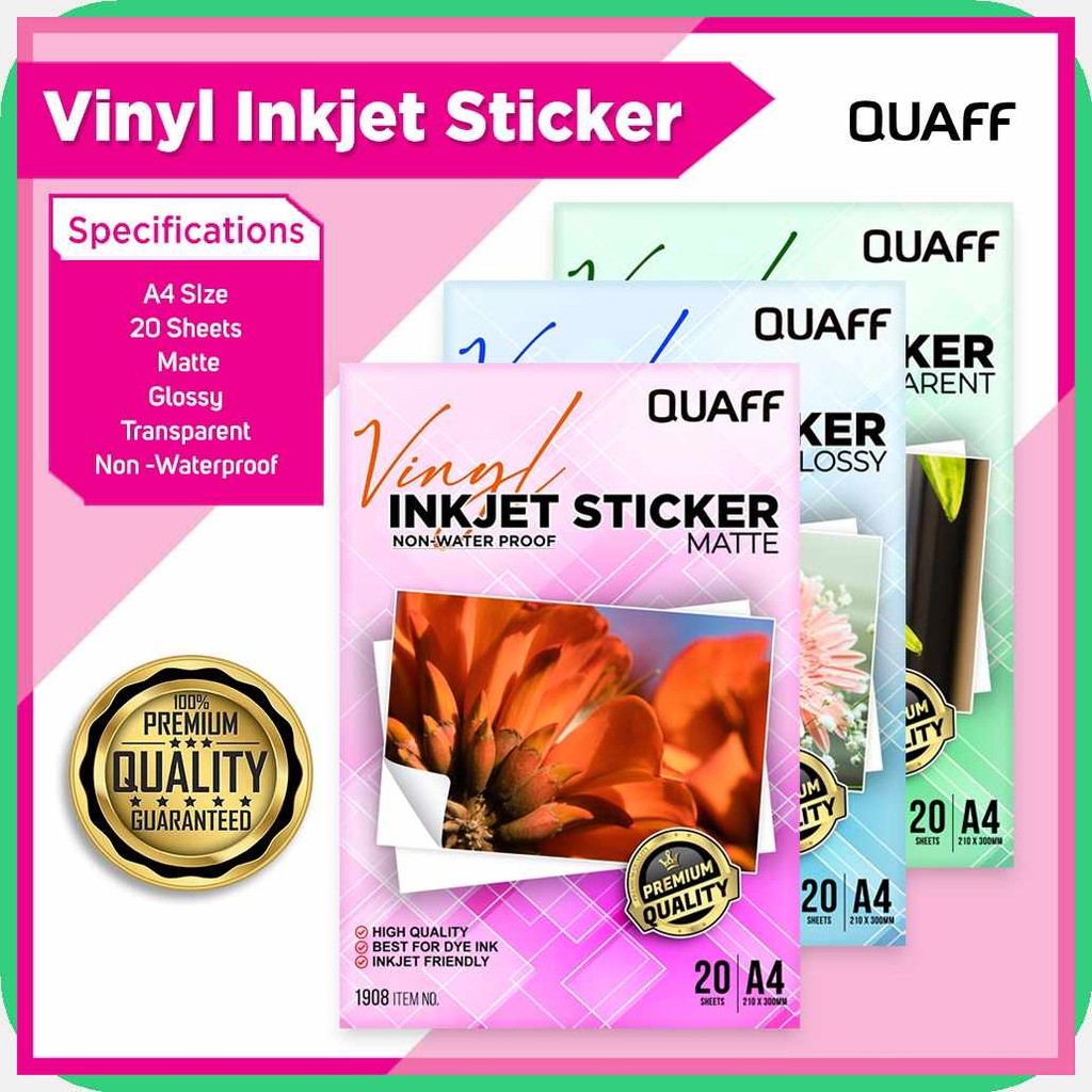 QUAFF Vinyl Inkjet Sticker Transparent / Glossy / Matte (20 Sheets) A4 ...