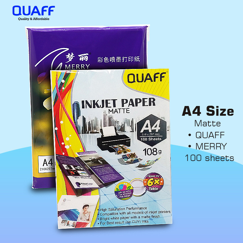 Quaff 108gsm Matte Inkjet Paper A4 Size & Merry Brand (100 Sheets Pack ...