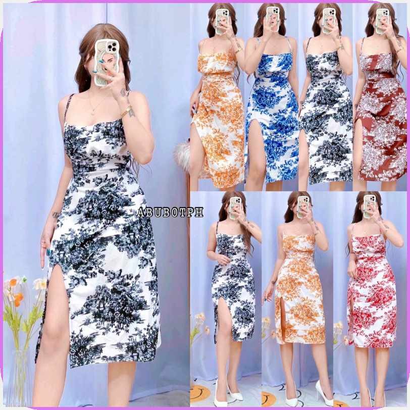 LILLY]x-KOREAN]k.uB(PRINTED#u.Front$Iq/Tie$wz/Slit$KV/Dress | Shopee ...