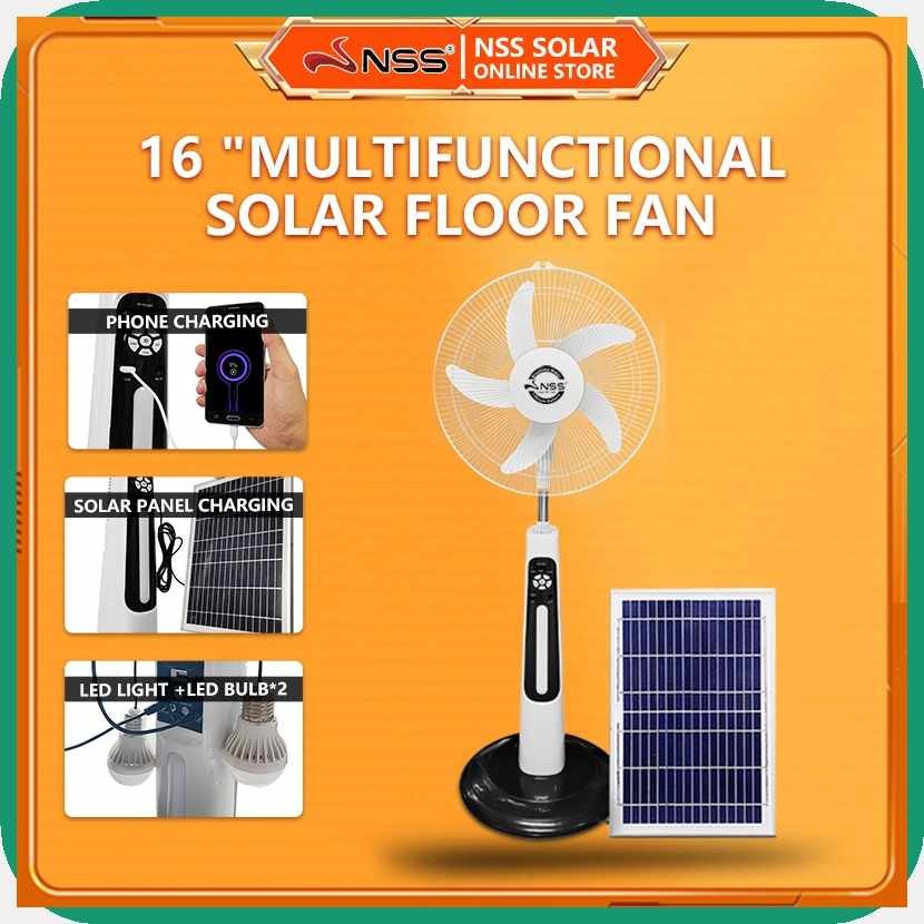 NSS Solar Electric Fan 16 with USB Jack and LED Light and 0.5 Hour ...