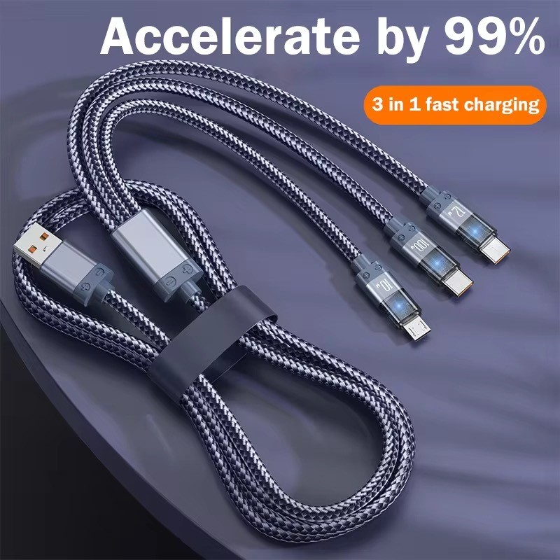 New transparent luminous 3in1 USB data cable, 100W Type C cable 3in1 ...