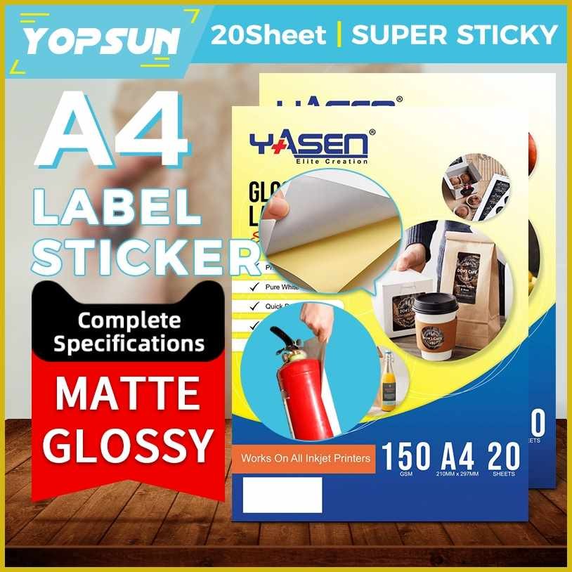 Yasen Glossy/Matte A4 Label Sticker 150GSM 20sheets | Shopee Philippines