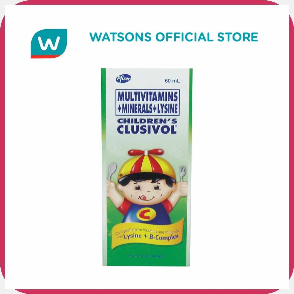 CLUSIVOL>p~Syrup`Hq]60ml|c=(Multivitamins)pS>+)cn>Minerals)Zz>+)Hu ...
