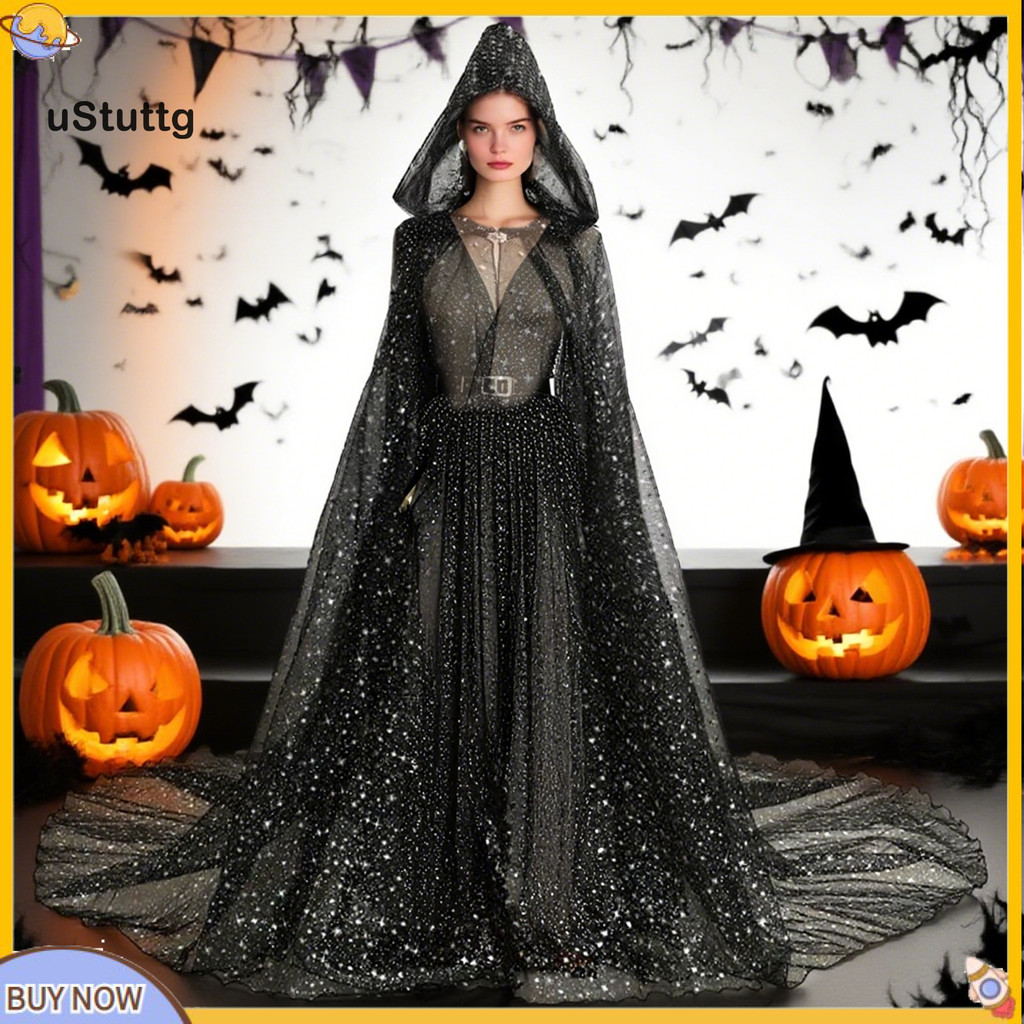 [wwmunich.]Women Tulle Hooded Cape with Long Train Sparkling Long Sheer ...