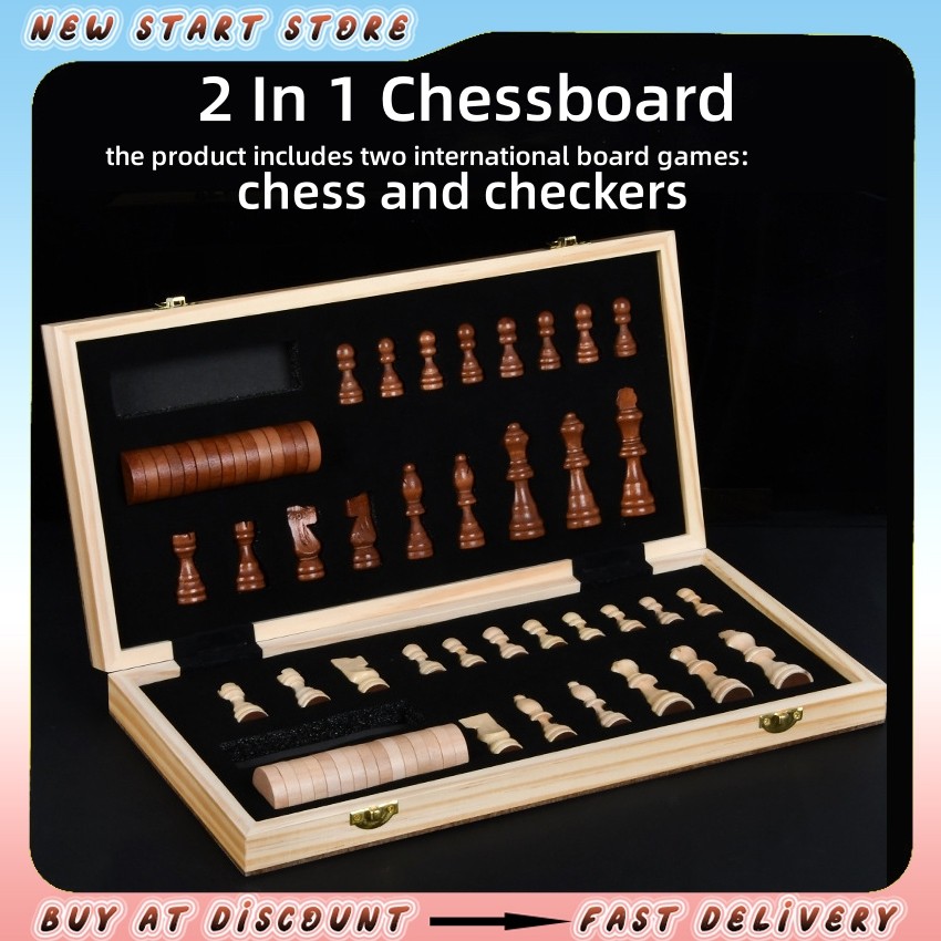 Magnetic Wooden Chessboard 2 In 1 Chess Checker Set Folding Board Chess ...