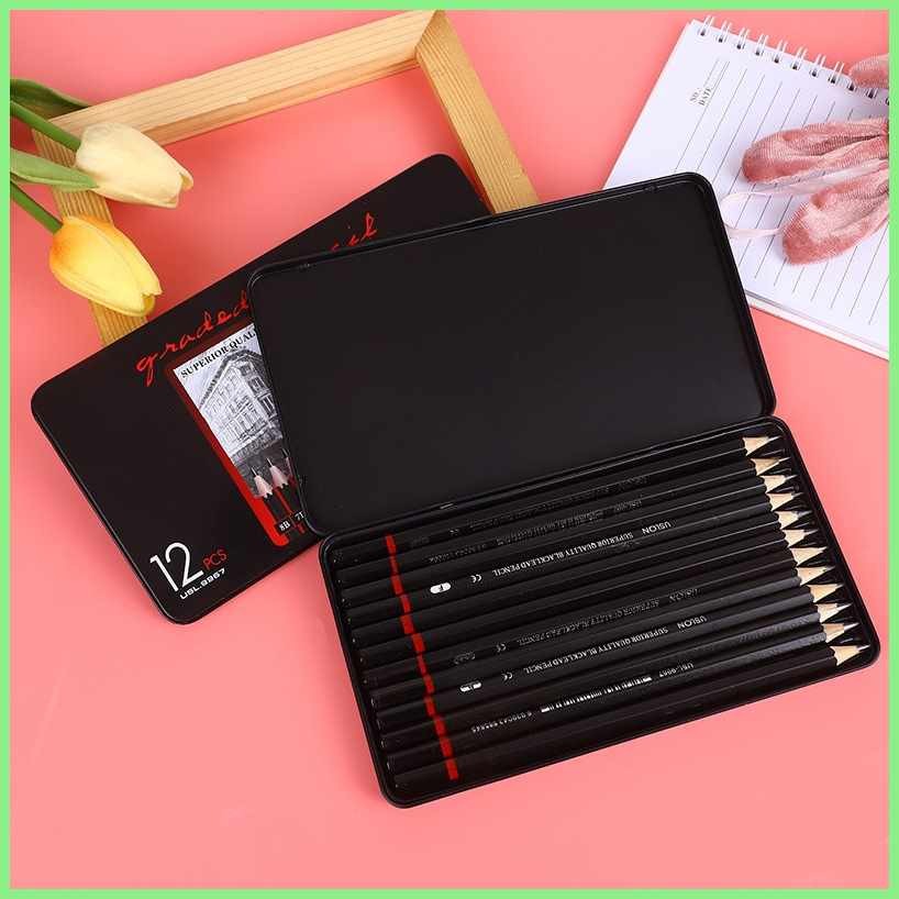 12 PCS Wooden Lead Pencils Set 2H-8B Metal box Professional drawing ...