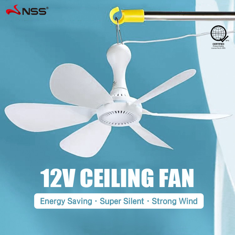 NSS 12V DC Ceiling Fan Big Size 6 Blades Portable Hanging Electric AC ...