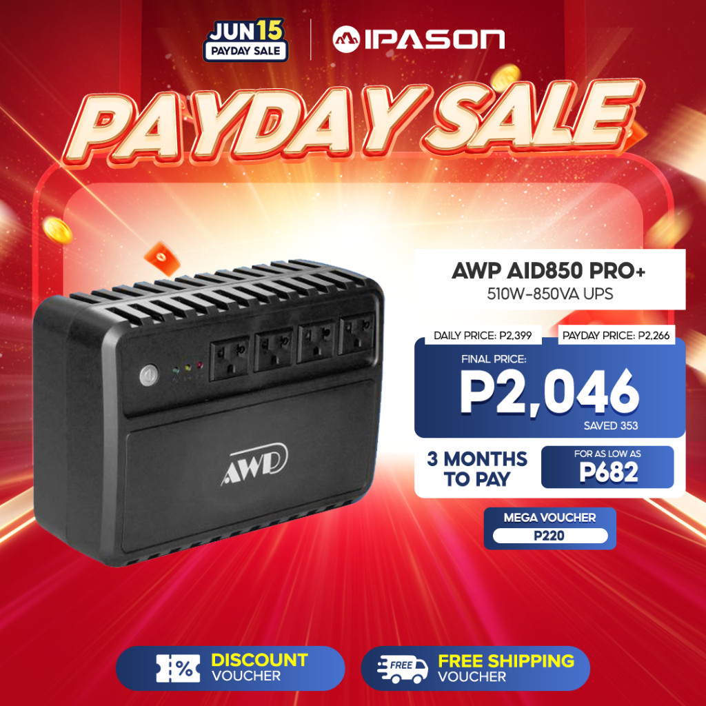 Ipason AWP AID850Pro Aide Pro+ 510W-850VA UPS with AVR Uninterruptible Power Supply (4 Sockets ...