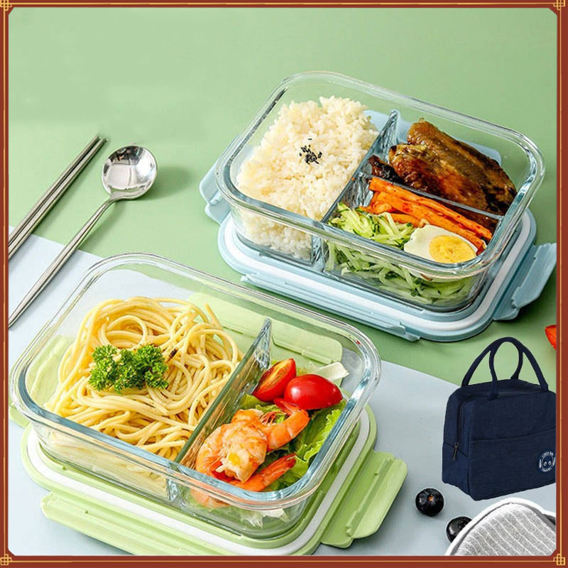 Glass Lunch Box Lid 3 Dividers Food Keeper Crisper Leak Proof Bento ...