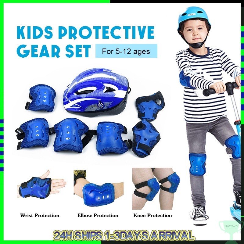 7Pcs Kids Helmet Knee Protective Gear Set Bicycle Knee Elbow Wrist Pad ...