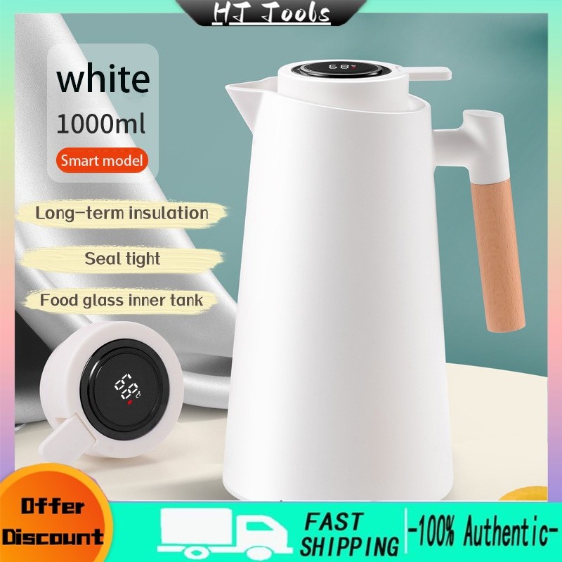 home 1000ml coffee vacuum hot/cold water wooden handle white thermos ...