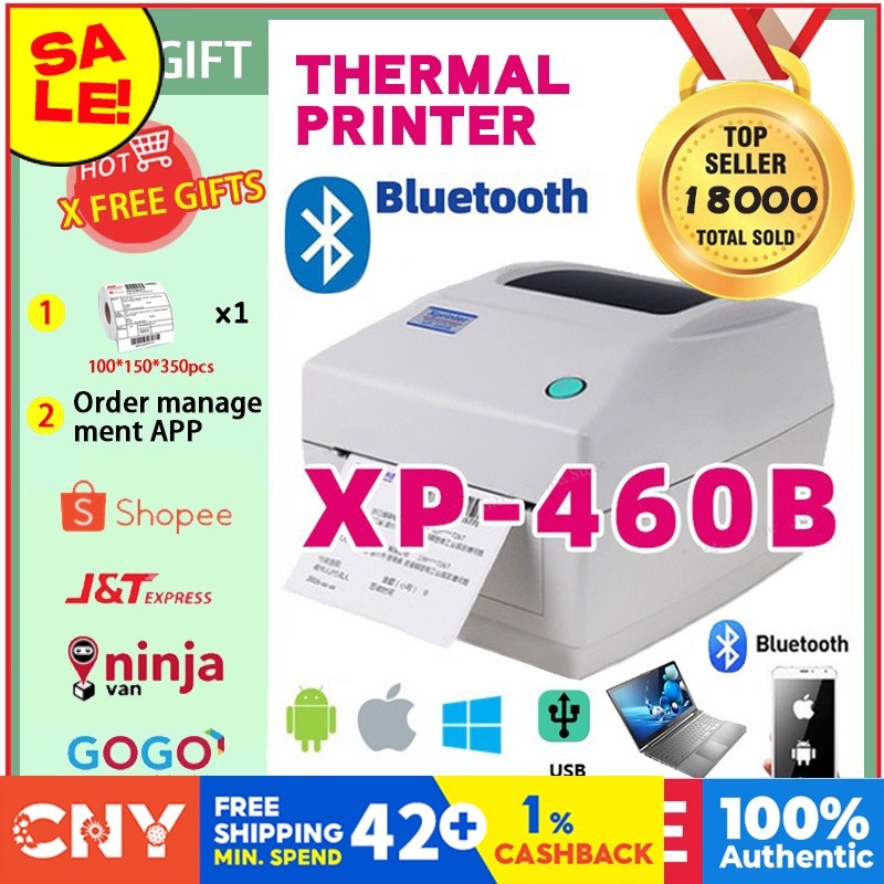Free Paper XP-460B Bluetooth Printer Thermal Barcode Express Invoice ...