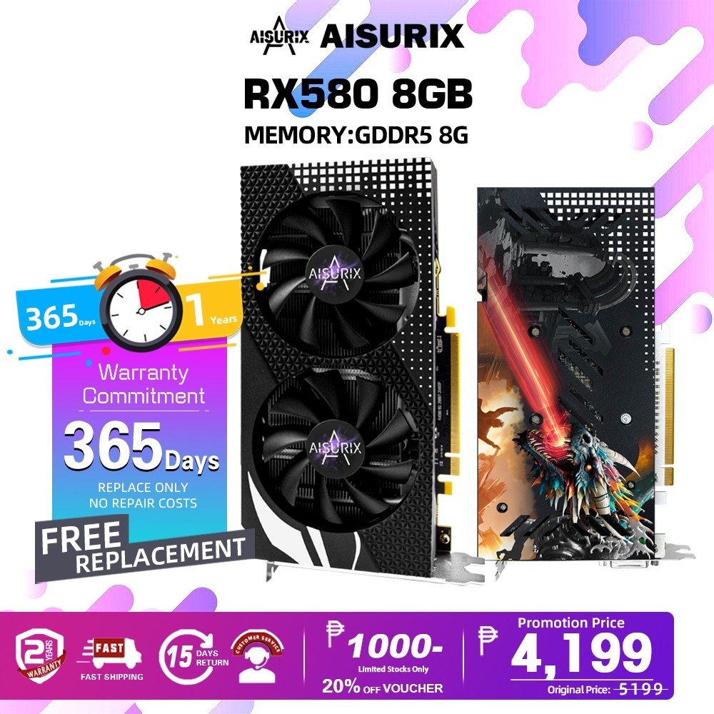 AISURIX New Graphics Card RX580 8G GPU GDDR5 256Bit Computer Video card ...
