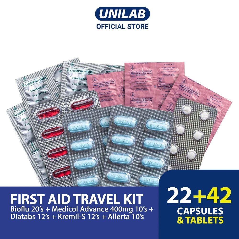 FIRST AID TRAVEL KIT: Bioflu 20s, Medicol Advance 400mg 10s, Diatabs ...