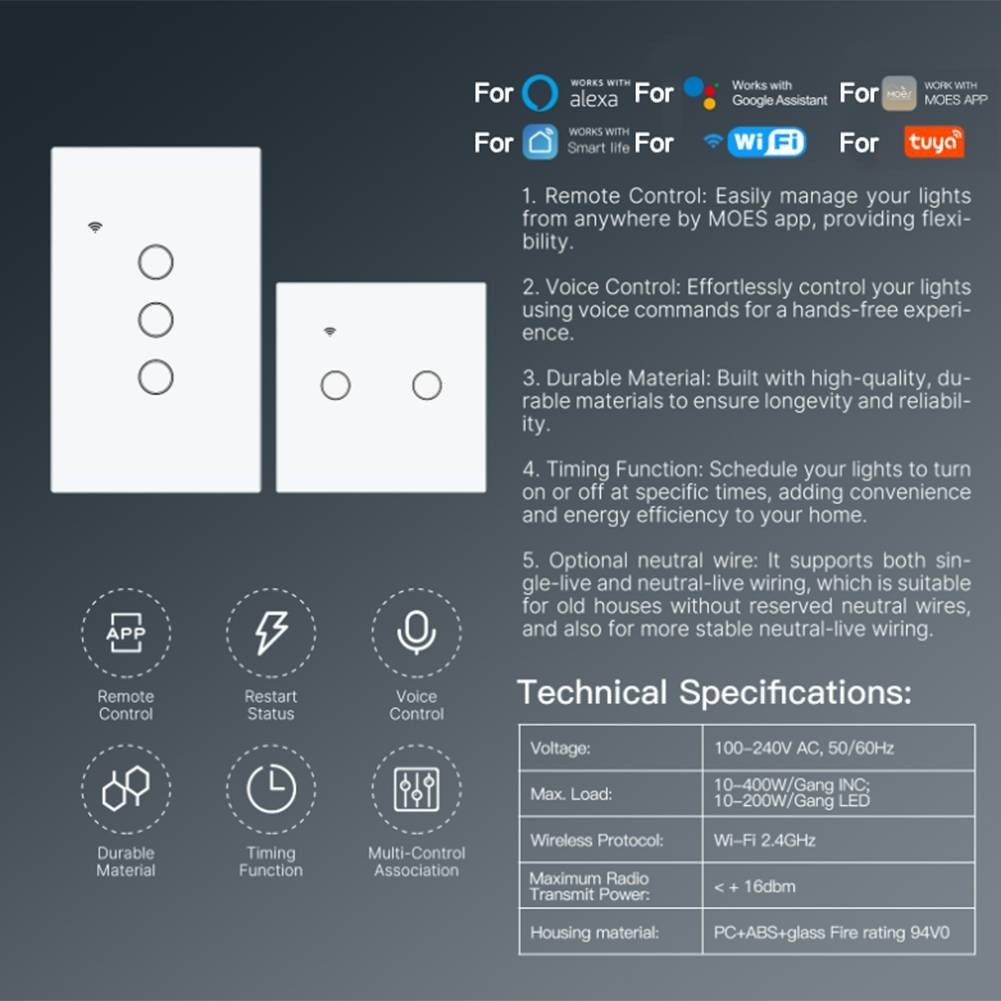 Smart Touch Light Switch,Wall Touch Smart Light Switch,Works for Alexa ...