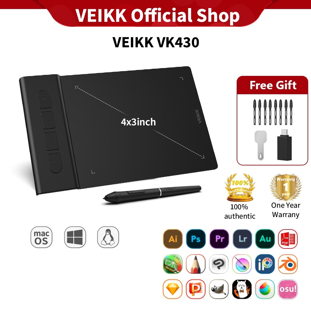 VEIKK Drawing Tablet VK430 Battery Free 4x3inch Graphic Pen Tablet ...