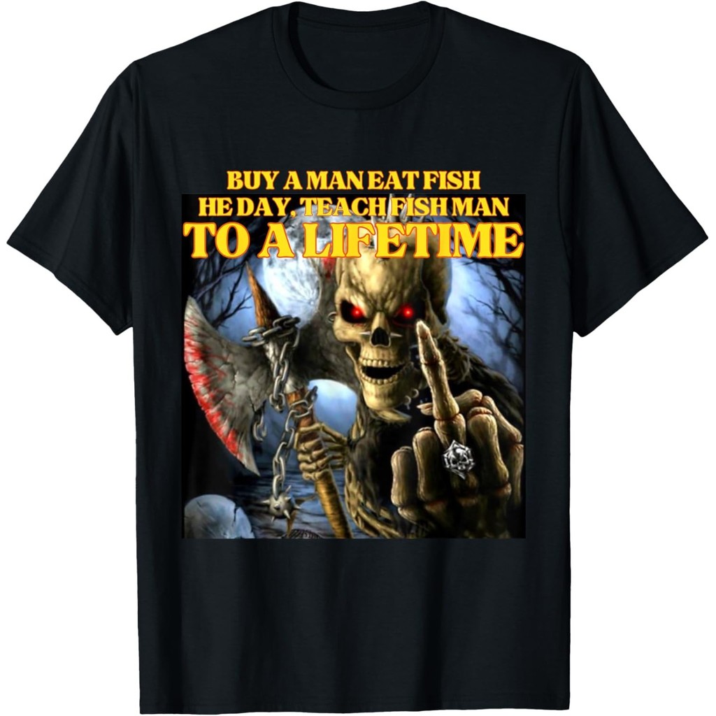 Buy A Man Eat Fish Wrong Funny Hard Skeleton Meme T-Shirt Unisex T ...