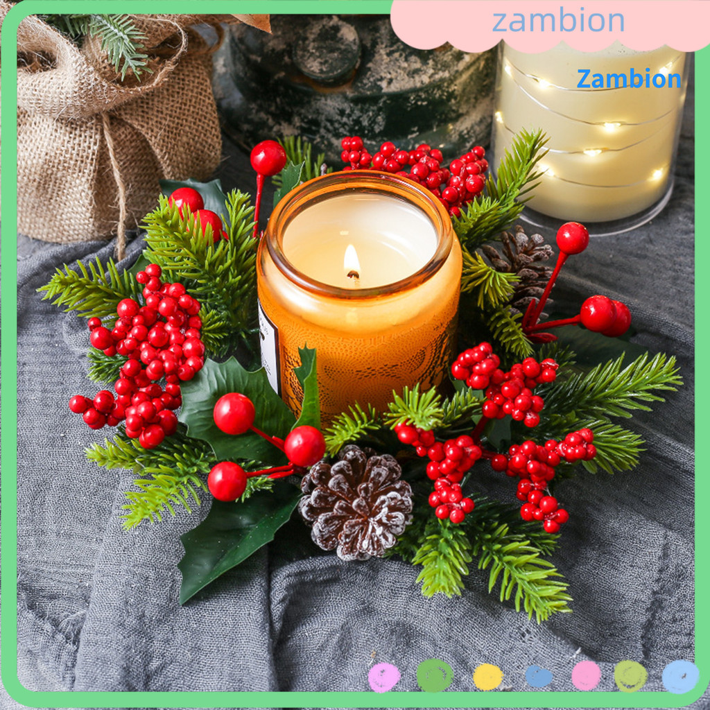 [zambion] Christmas Candle Wreath Artificial Red Berries Pinecone ...