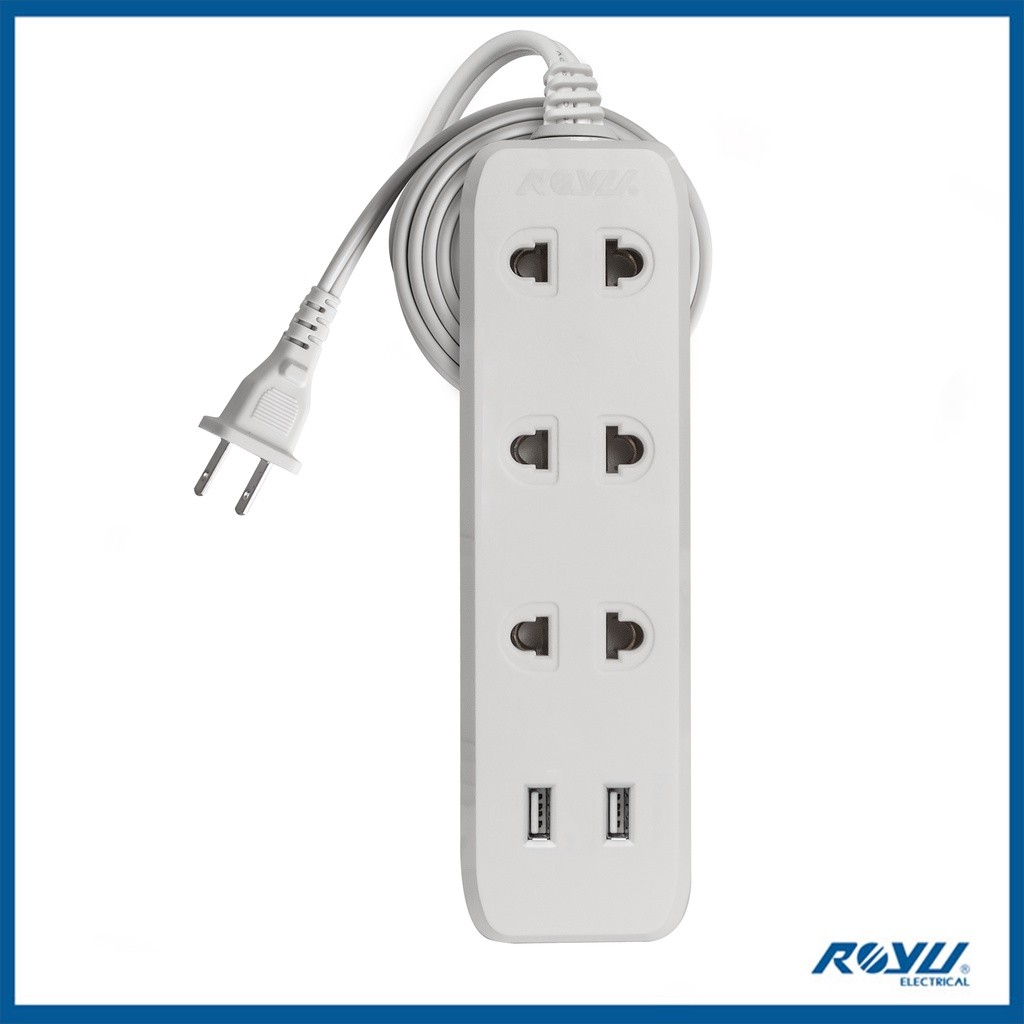 Royu 3 Gang Universal Extension Cord with 2 USB Ports[Z,-[f!White`GF ...