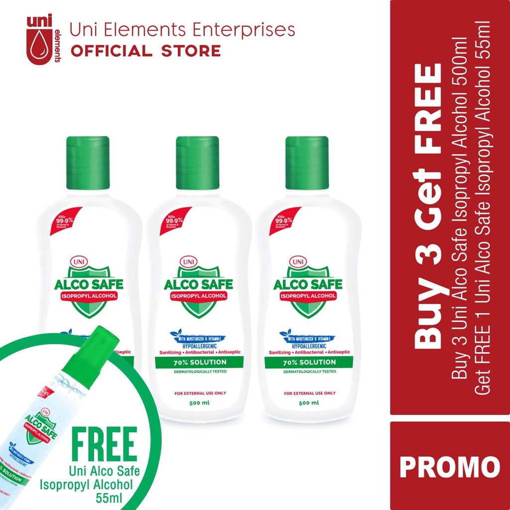 Promo Pack 3 Bottles 500ml Alcosafe Isopropyl Alcohol get FREE 55ml ...
