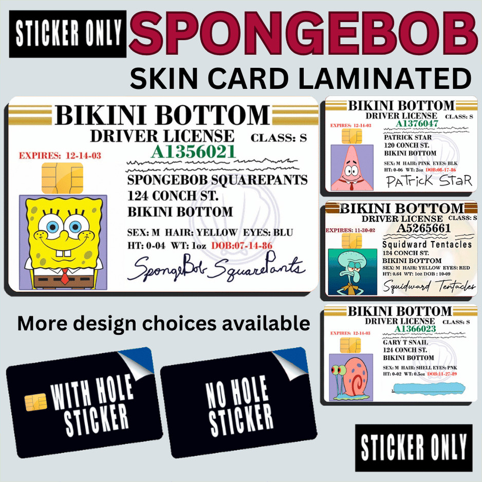 SPONGEBOB DRIVER LICENSE - STICKER SKIN CARD FOR ATM, CREDIT, DEBIT ...