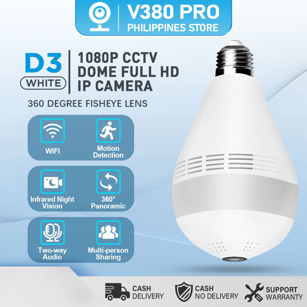 V380 D3 CCTV Camera 1080P 360 Degree Fish Eye Spy Motion Detection Bulb ...