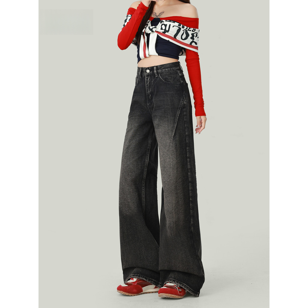Black American Retro Water Ripple Jeans Women Plus Size Fat mm Loose ...