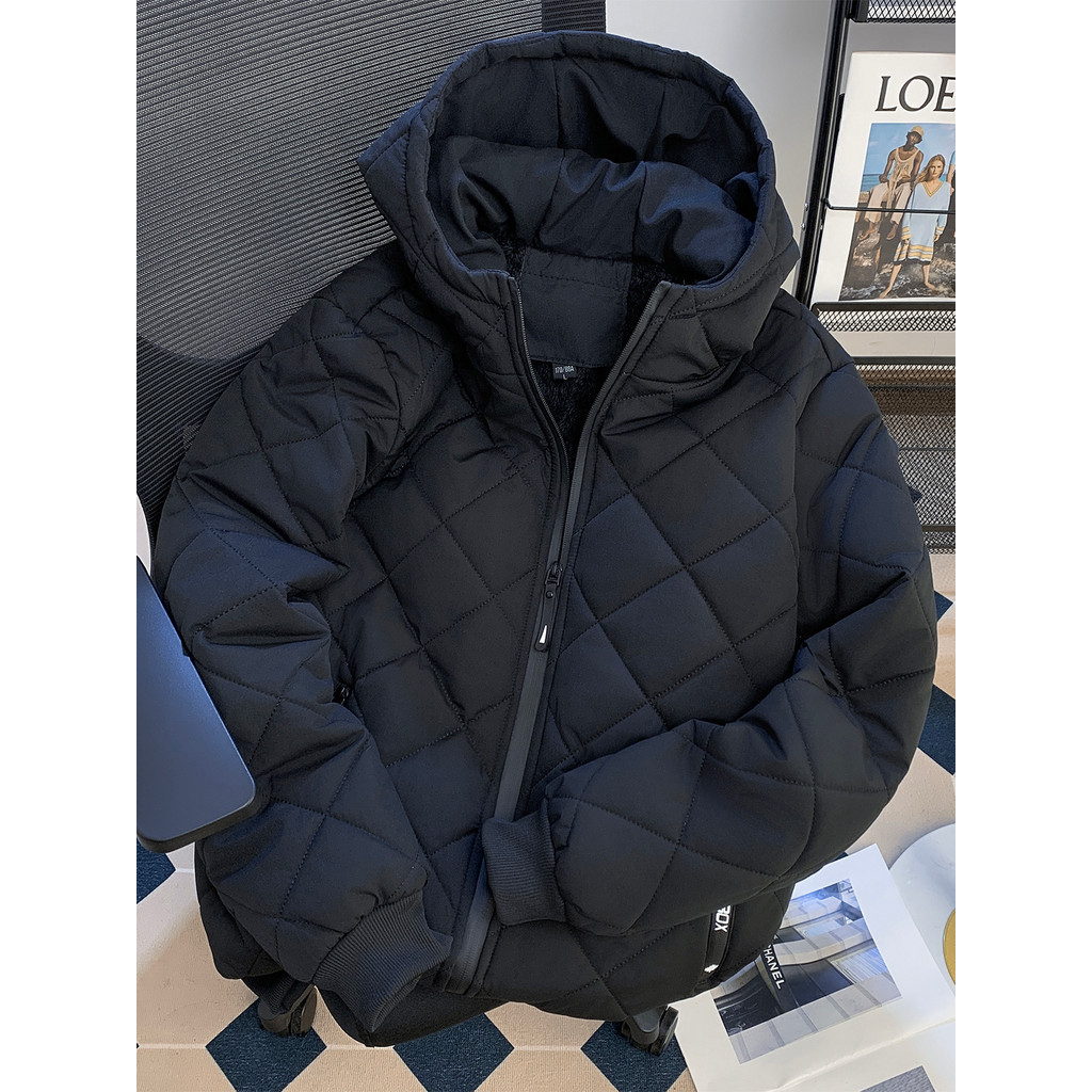 Retro Diamond Check Down Padded Jacket Men's Winter Street Wear Hooded ...