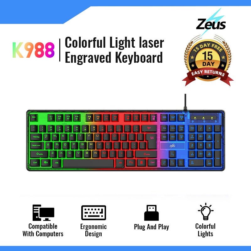 Zeus Transparent Cover Rainbow Backlit Backlight Gaming Keyboard With ...
