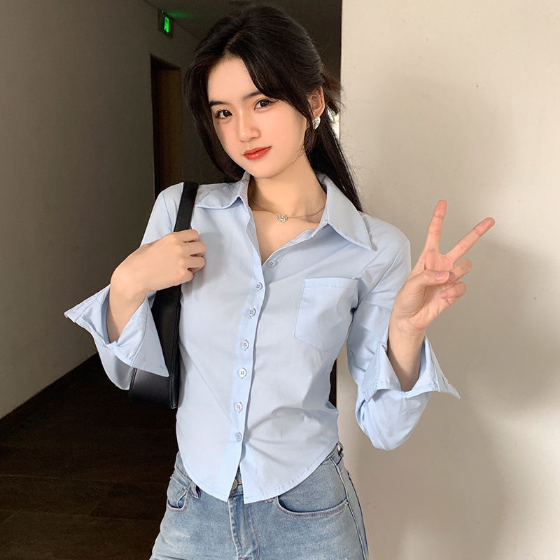 Ladies Korean Version Shirt Long-Sleeved Slim Short Solid Color Narrow ...