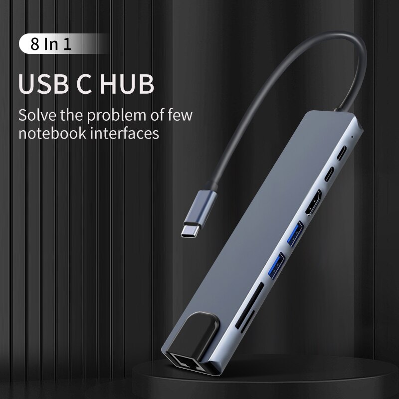 Usb Hub 8 In 1 Type C to 4k HdTV Adapter TF SD Card Reader Rj45 PD Fast ...
