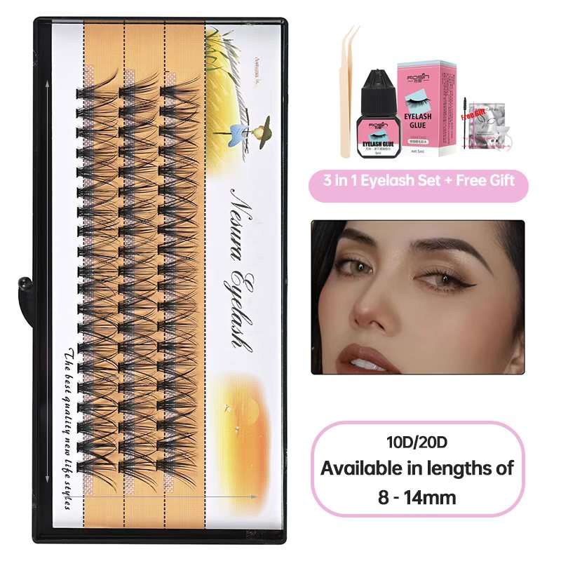 False Eyelash Set with Glue and Tweezers 10D/20D Hair 8-14mm C Curling ...