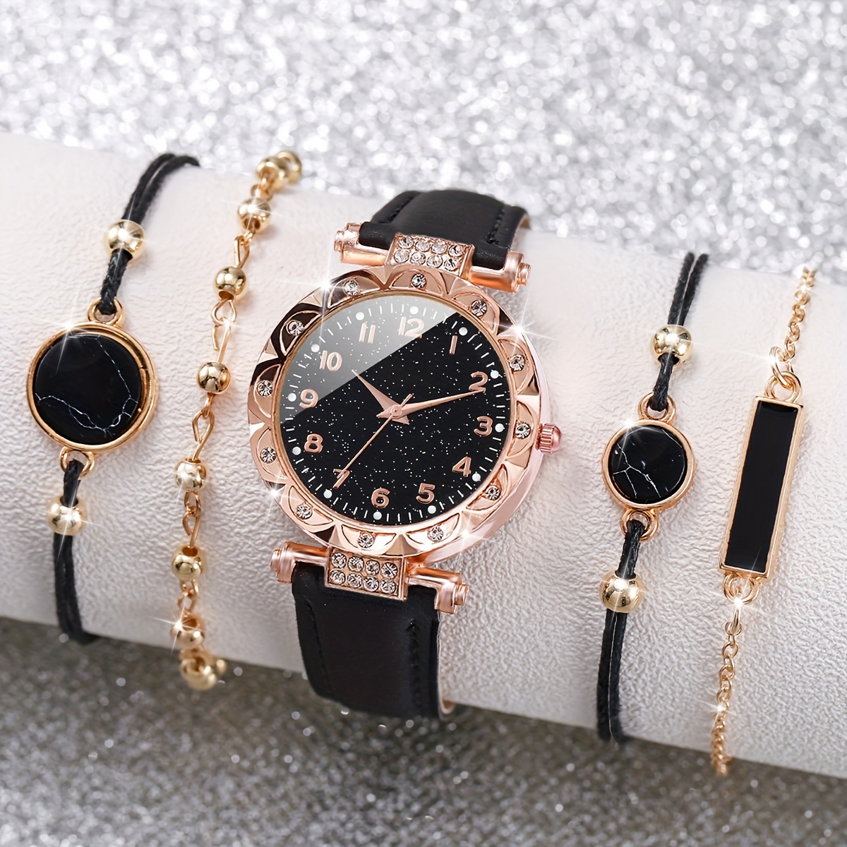 5 PCS Black Belt Watch Women's Watch Minimalist Watch Bracelet Set ...