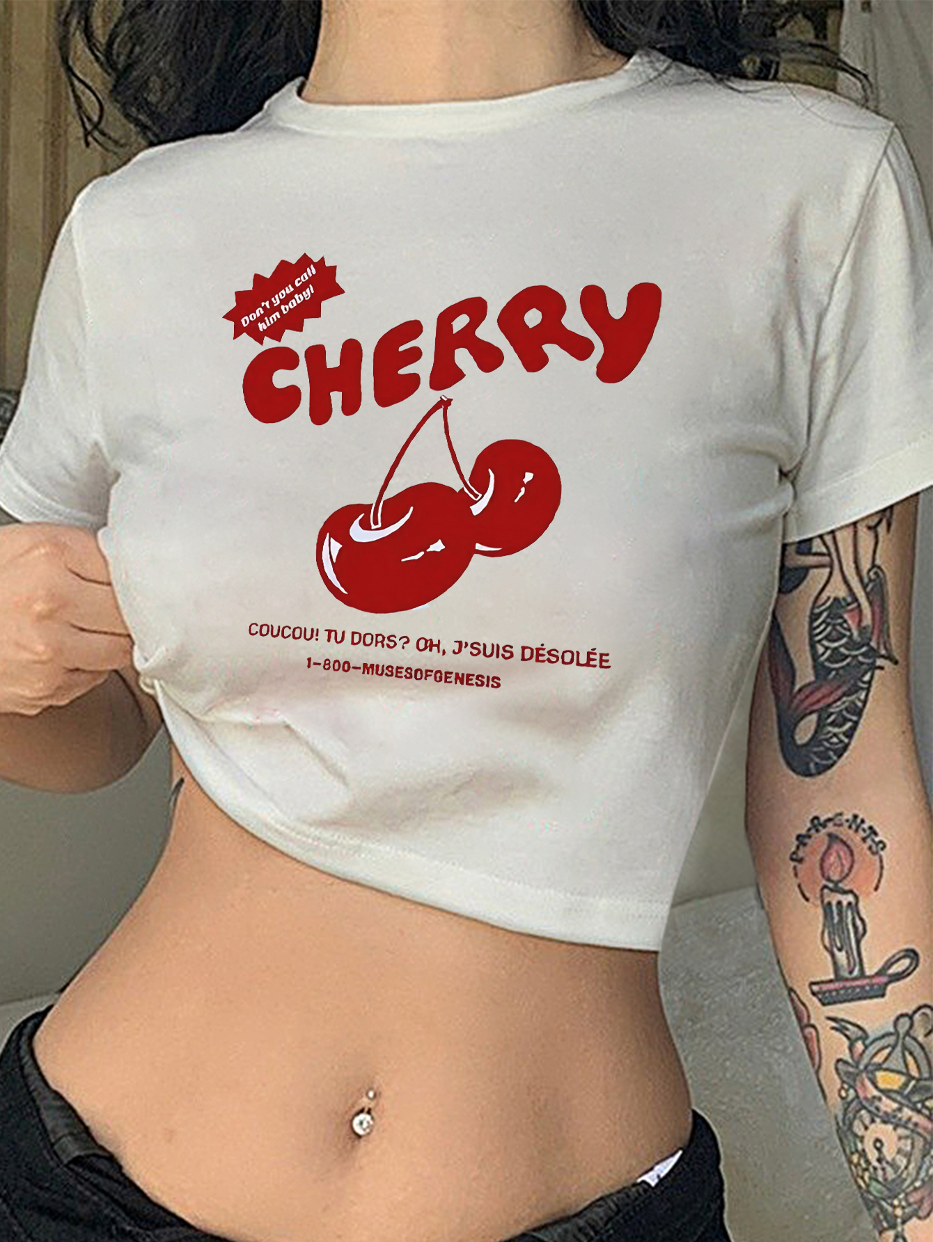 Womens Cherry Graphic Summer Fashion Crop Top Y2k Pure Libido Fit T