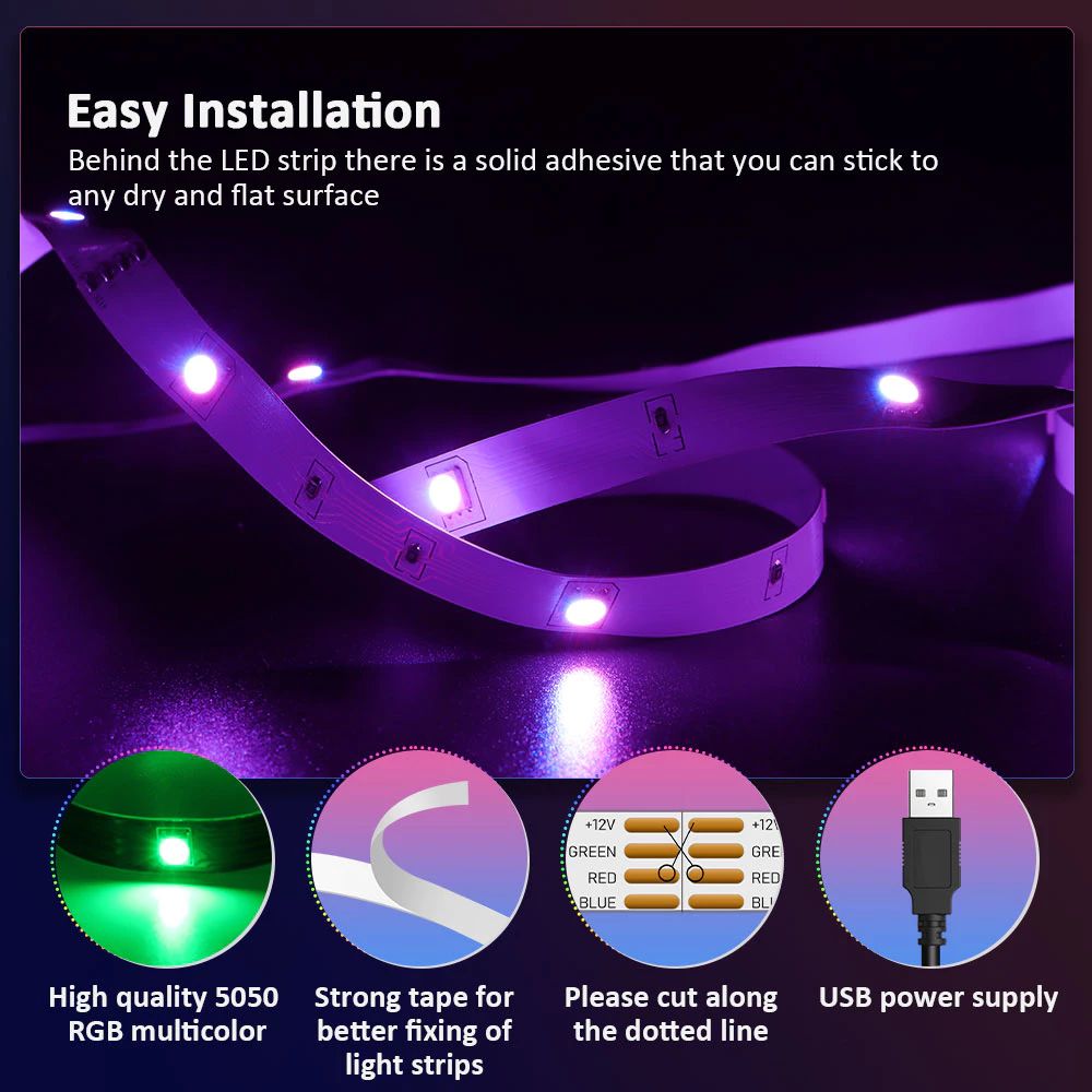 Strip Light Music Sync RGB LED TV Backlight App/Remote Control 5V USB Powered Flexible Home ...