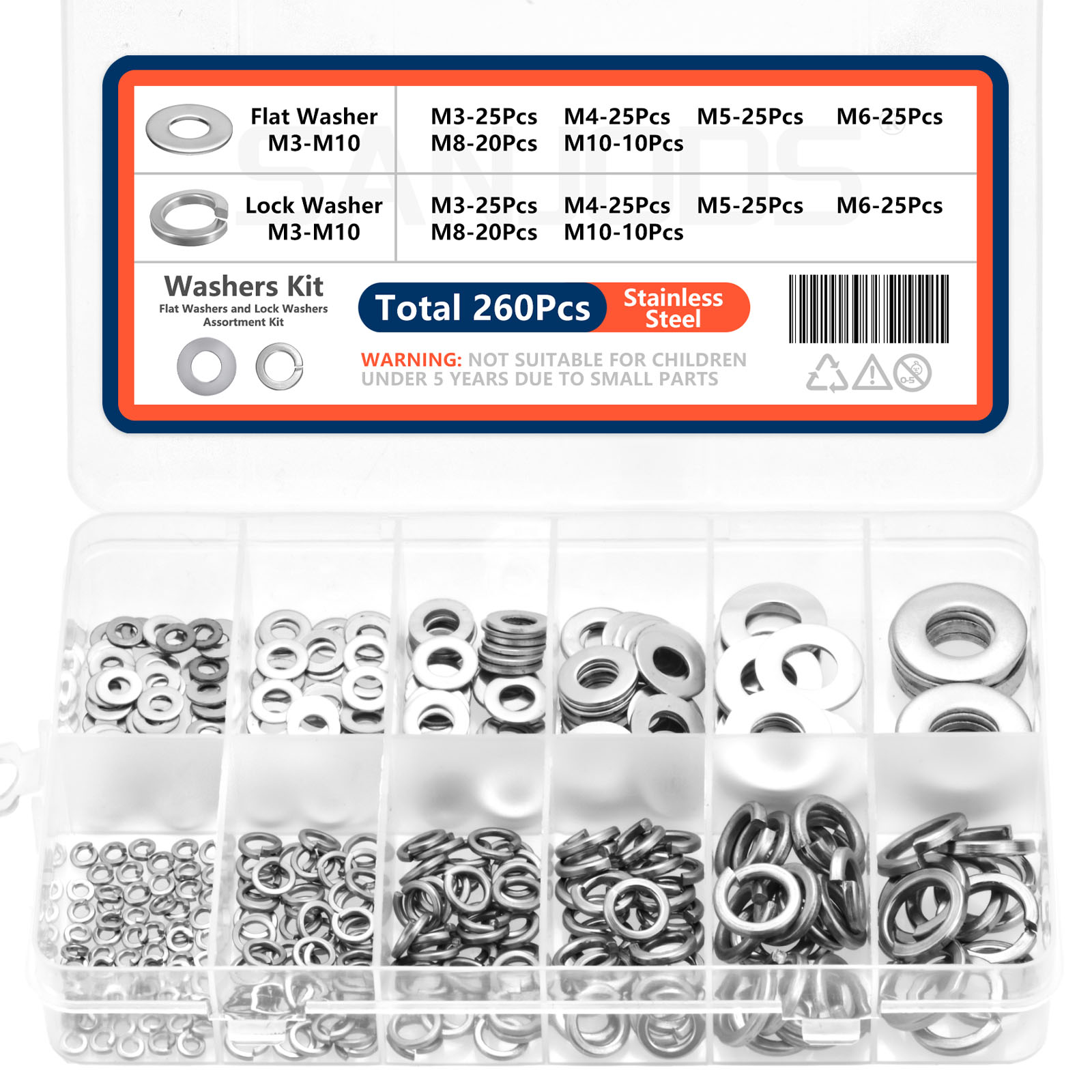 260pcs Lock and Flat Washer Assortment Kit, Stainless Steel M3 M4 M5 M6 ...