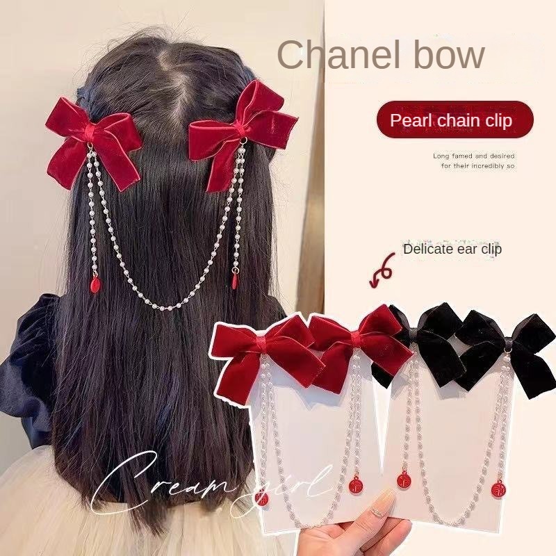 Red bow Children's hairpin Pearl fringe bow Hair accessory for little ...