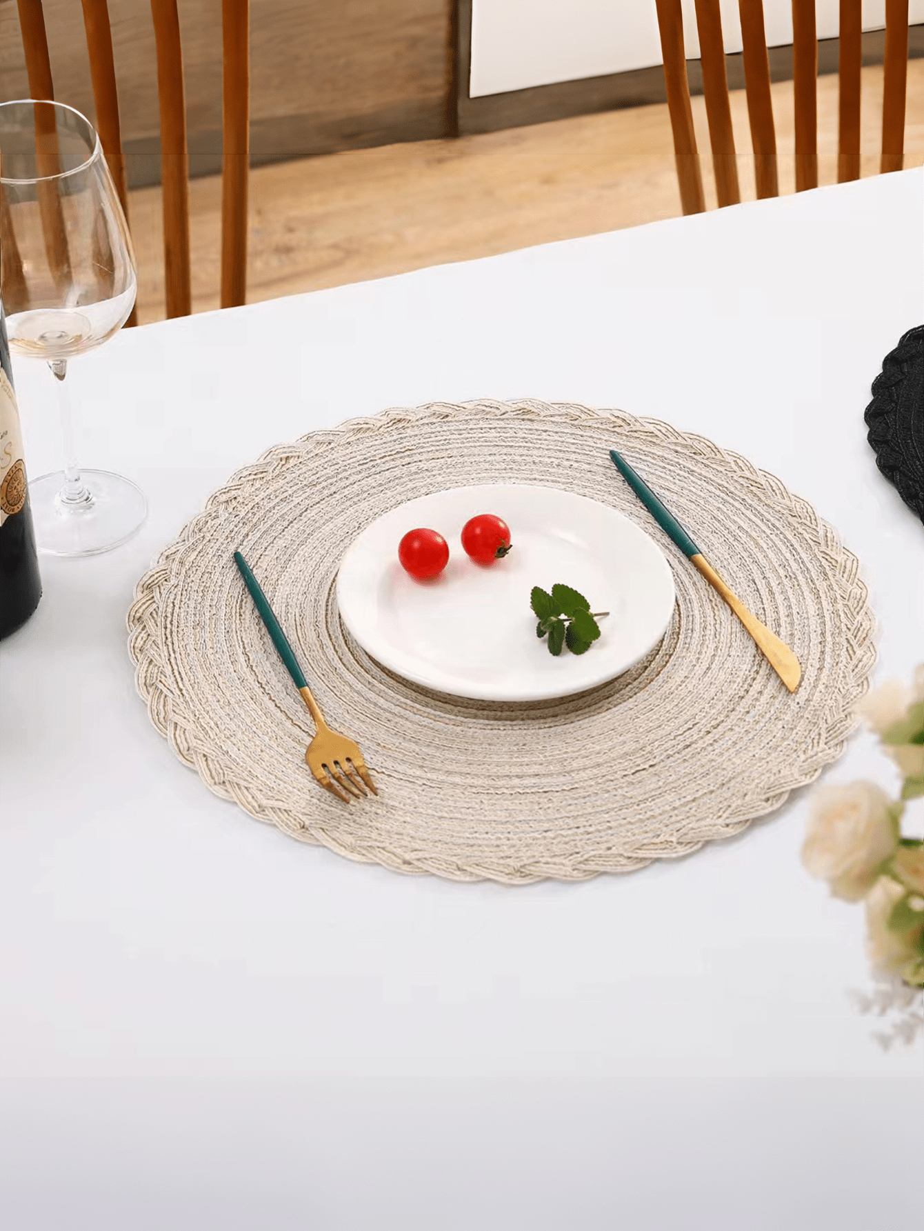 4pcs Plain Round Placemat, Beige Polyester Woven Design Table Mat, Heat ...