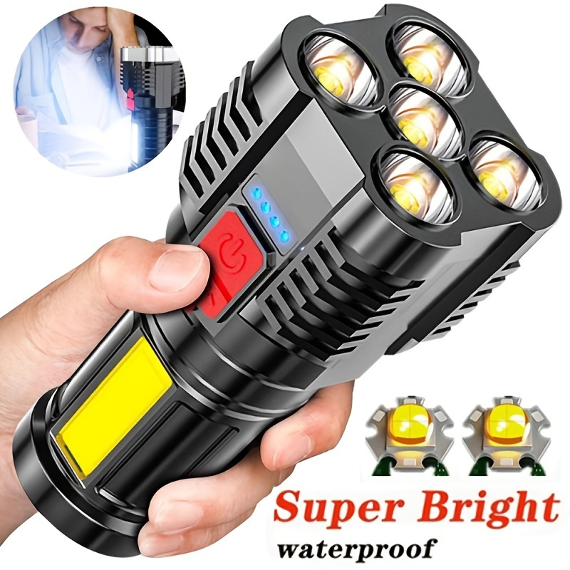 USB Rechargeable Flashlight with 5 LED and COB Side Lights - 4 Modes ...