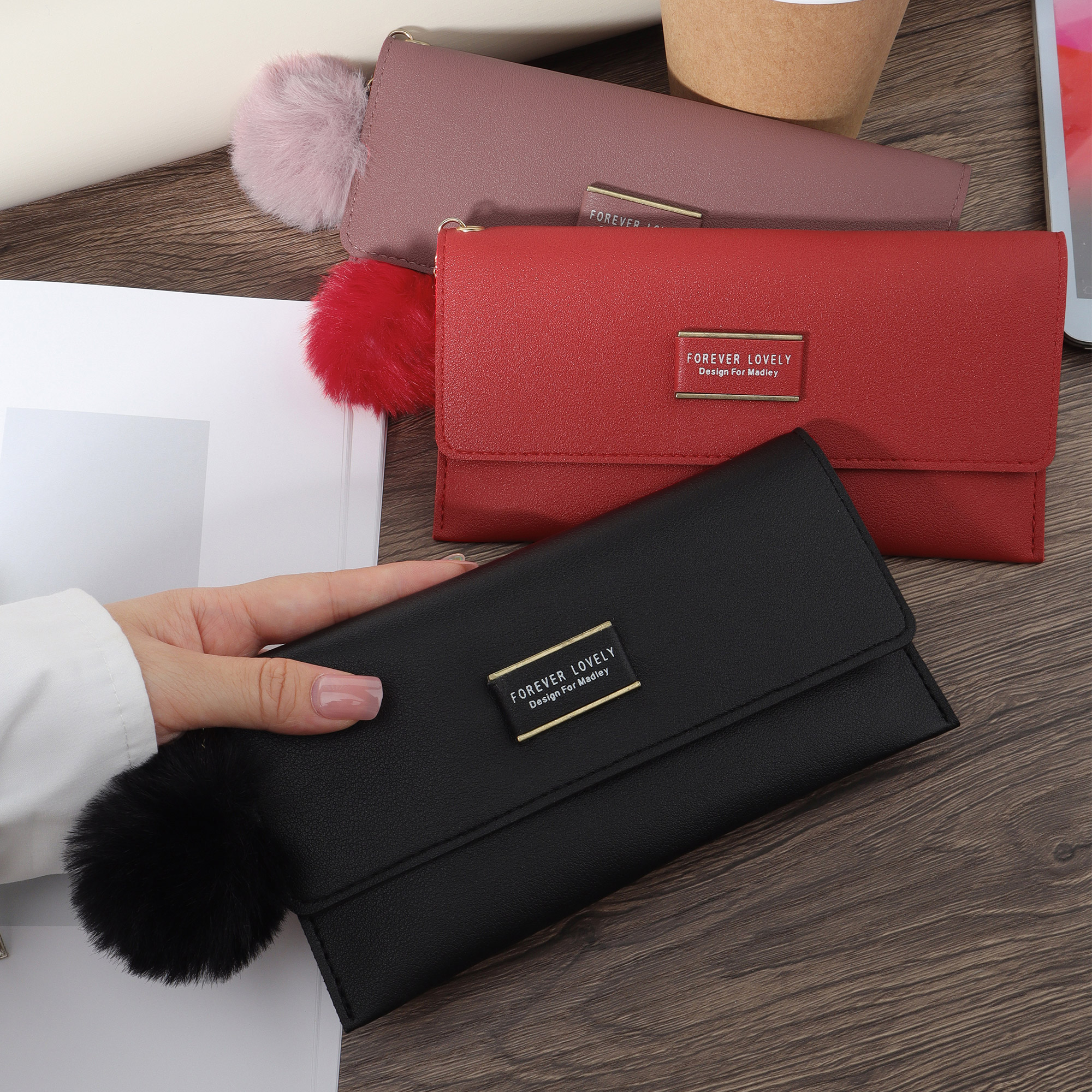 Women's foldable long wallet, fur ball decorated clutch wallet, ultra ...